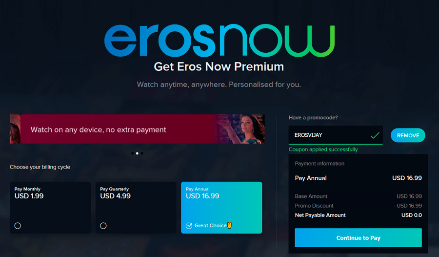 Get Eros Now Premium free for 1 year